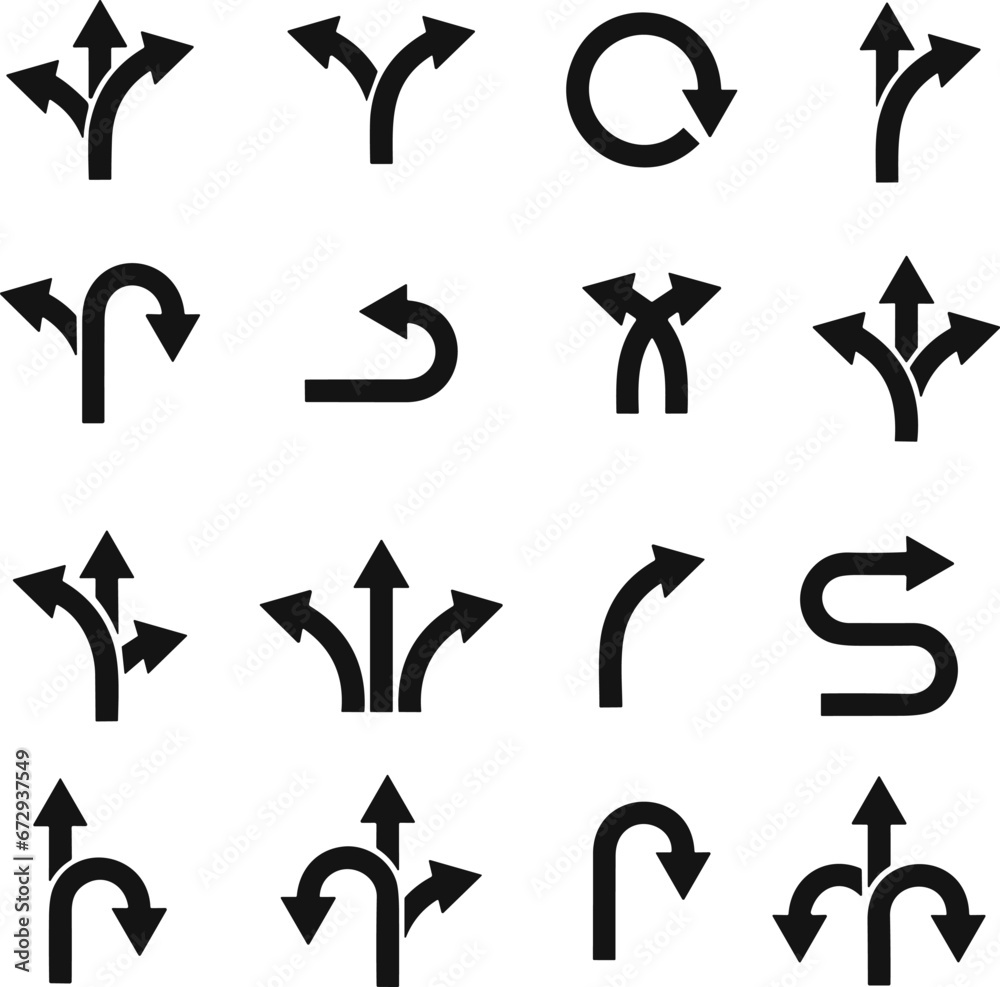 Road traffic direction arrows flat set. You-turn, left, right, two way, three way transportation ...