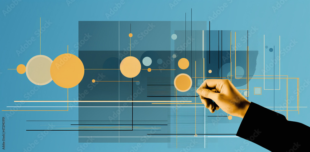 person's hand drawing flowchart with circular arrows on blue background ...