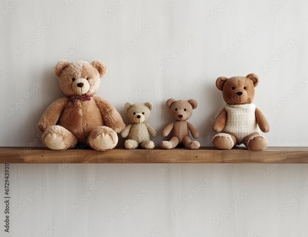 Teddy bears of varying sizes on a shelf, capturing a family-like ...