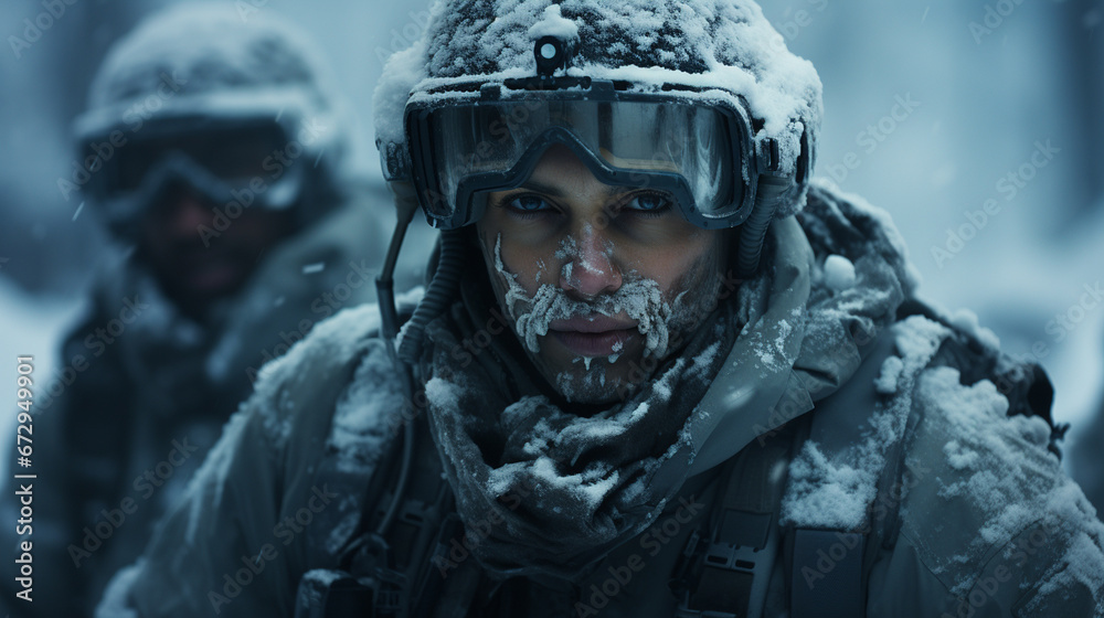 Portrait of man soldier, action battle army in winter . Great explosion ...