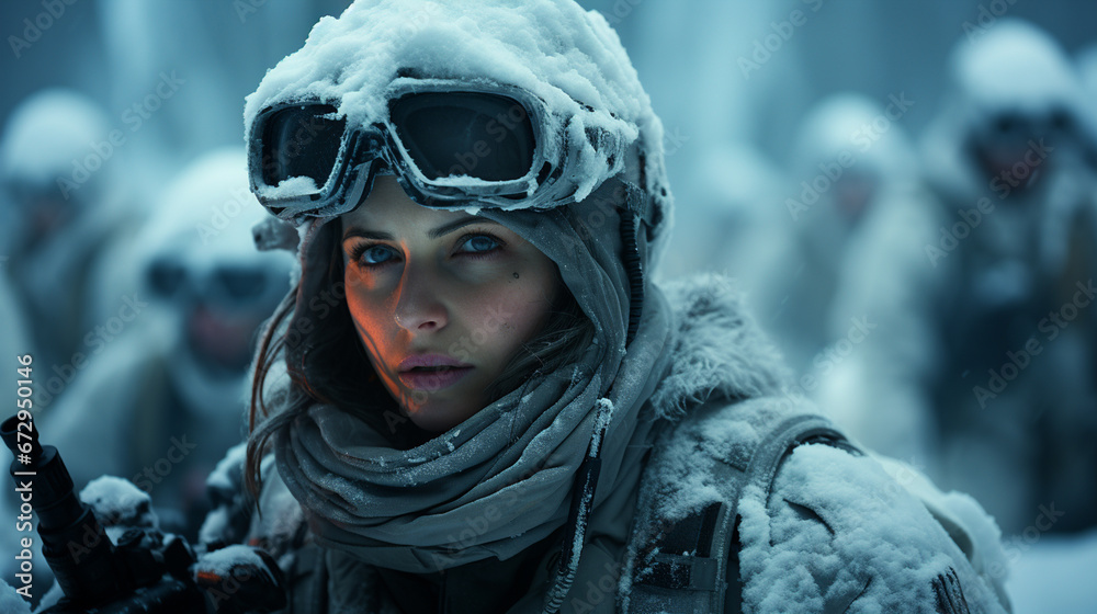 Portrait of man soldier, action battle army in winter . Great explosion ...