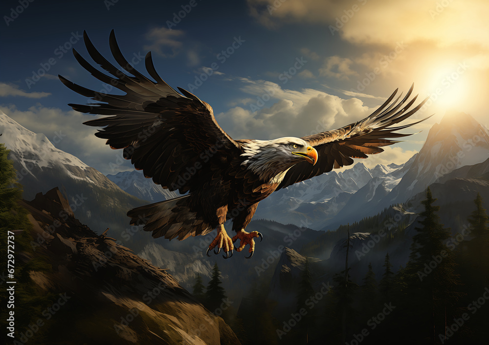 large eagle flying mountain sky background leaping towards viewer ...