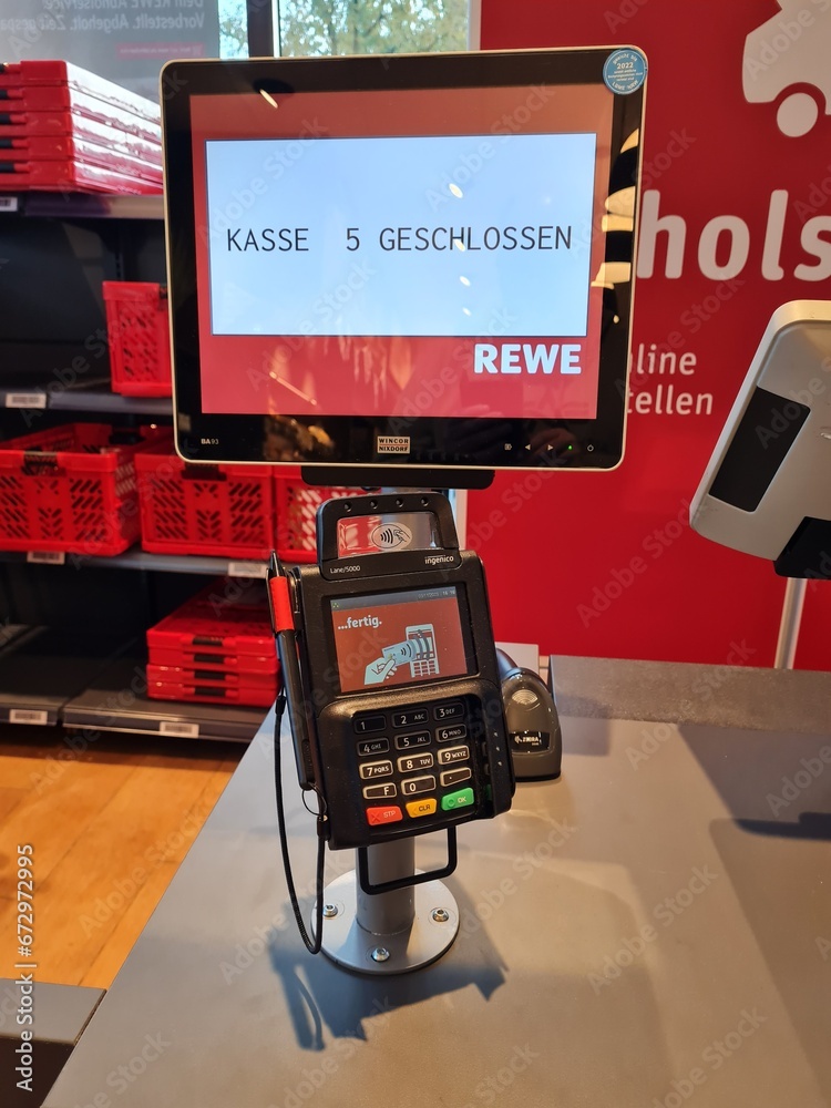 Kasse in einer REWE Abholstation, Pick & Go-Filiale Stock Photo | Adobe ...