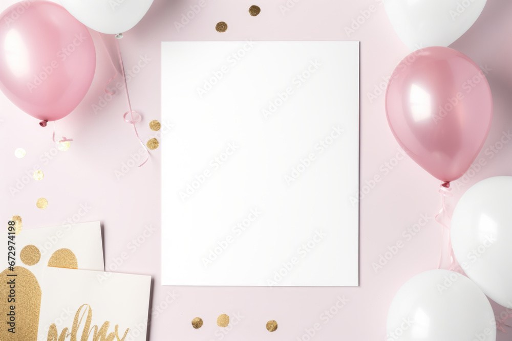 Blank white plain birthday invite mockup. Pink and white balloons ...