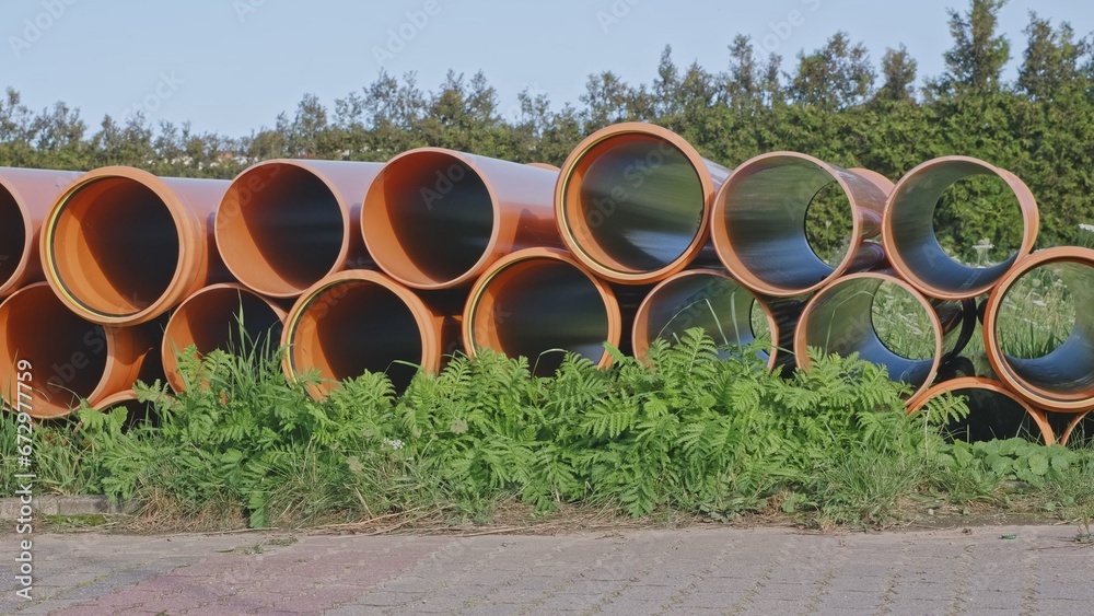 Industrial PVC Pipes Stacked at City Sewage System Construction Site ...