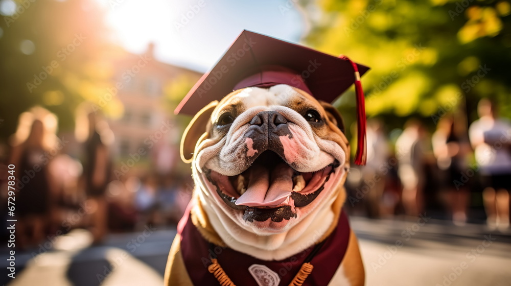 Happy smiling English bulldog dog wearing graduation cap and gown at ...