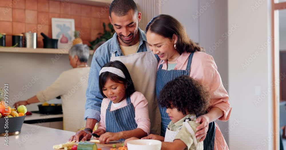 Mother, father and children cooking or grandparents help in kitchen for ...