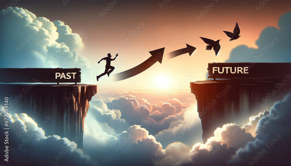Leap of Progress: Man's Silhouette Jumping from Past to Future Over ...
