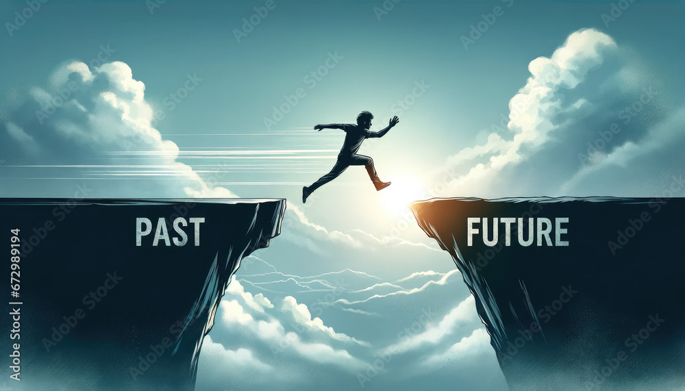 Leap of Progress: Man's Silhouette Jumping from Past to Future Over ...