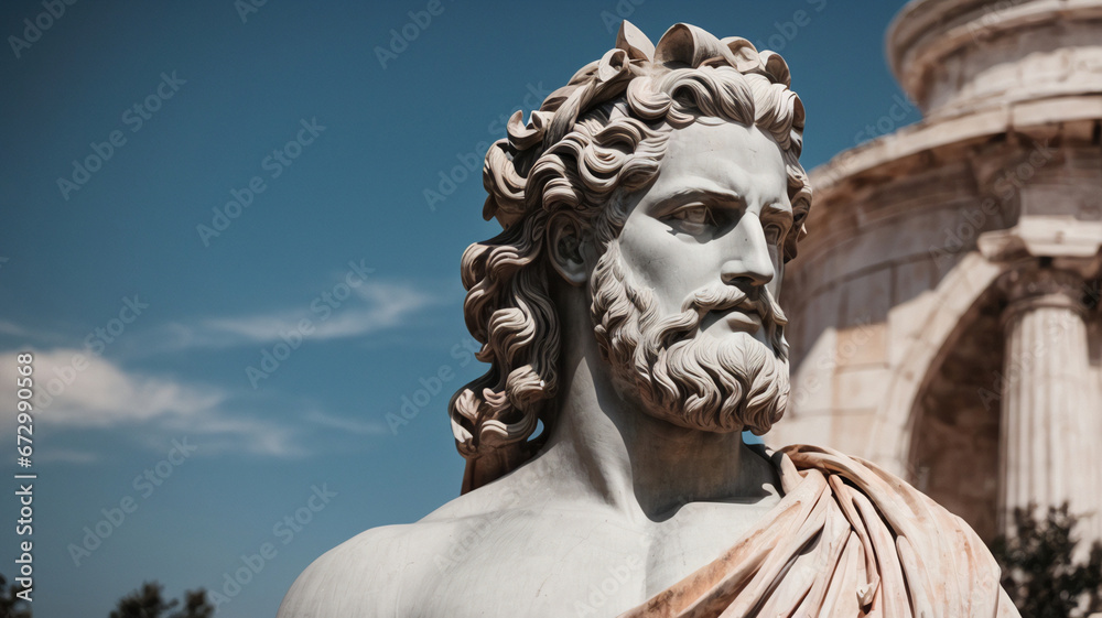 Handsome marble statue of powerful greek god Zeus over dark background ...