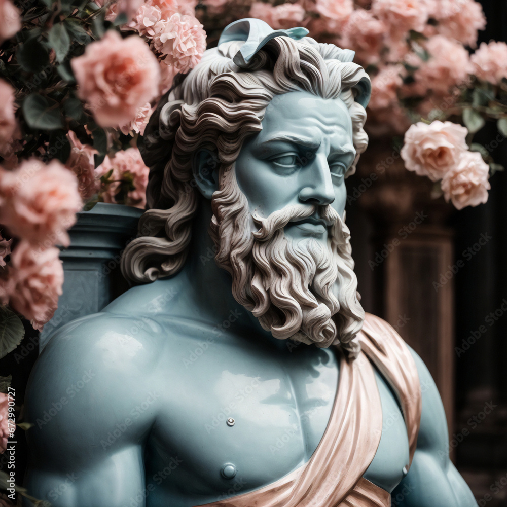 Handsome marble statue of powerful greek god Zeus over dark background ...