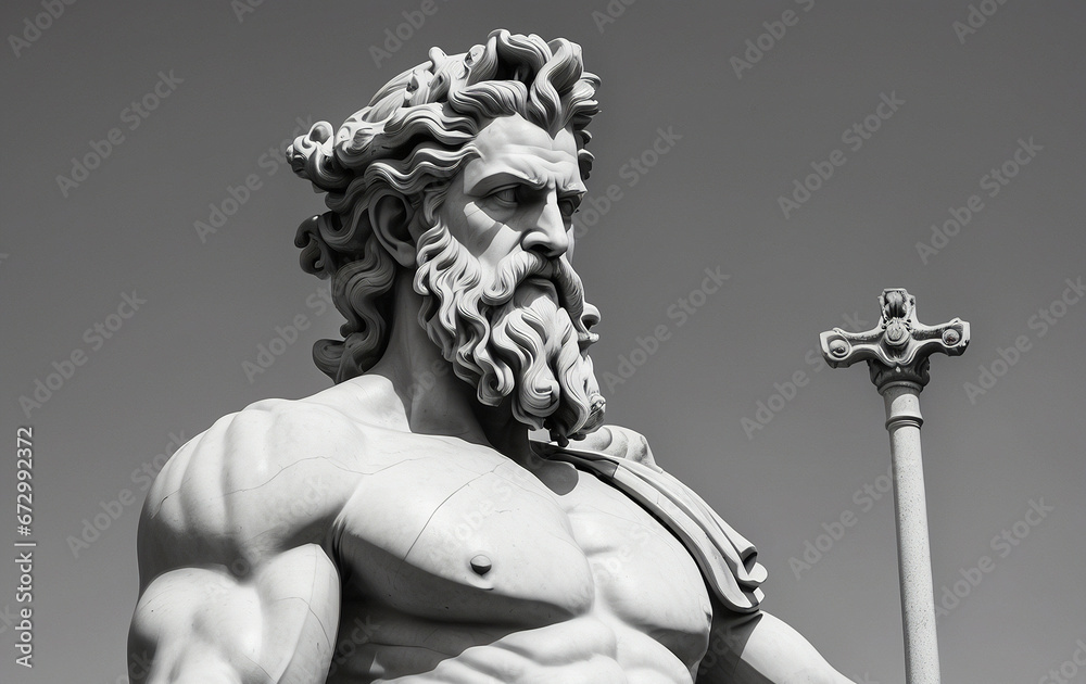 Handsome marble statue of powerful greek god Zeus over dark background ...