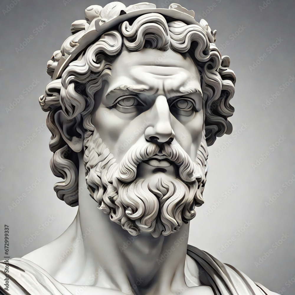 Handsome marble statue of powerful greek god Zeus over dark background ...