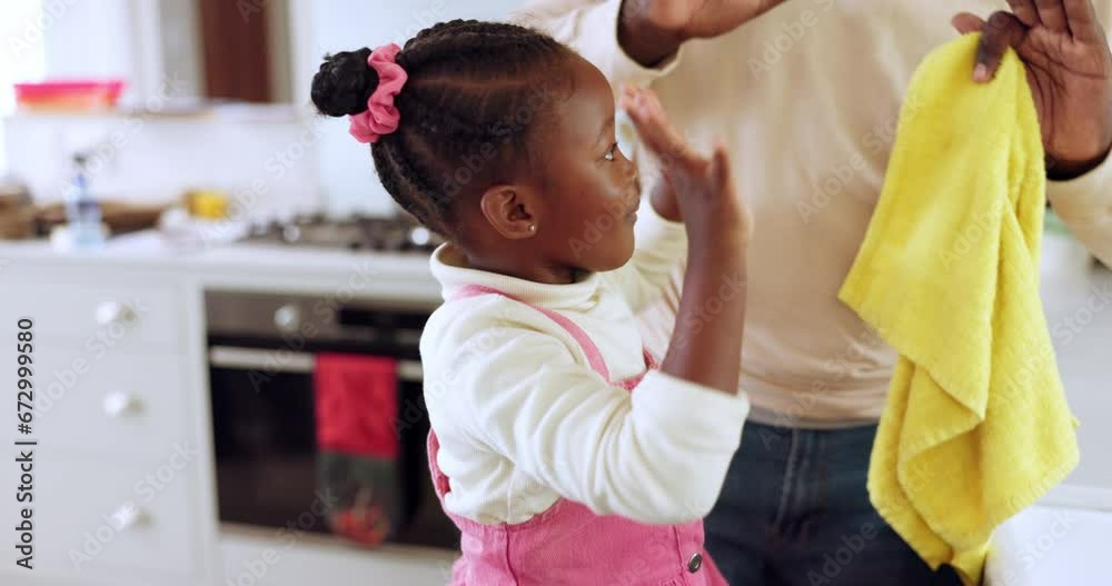 Girl, child and parent cleaning hands, hygiene and fabric cloth with ...