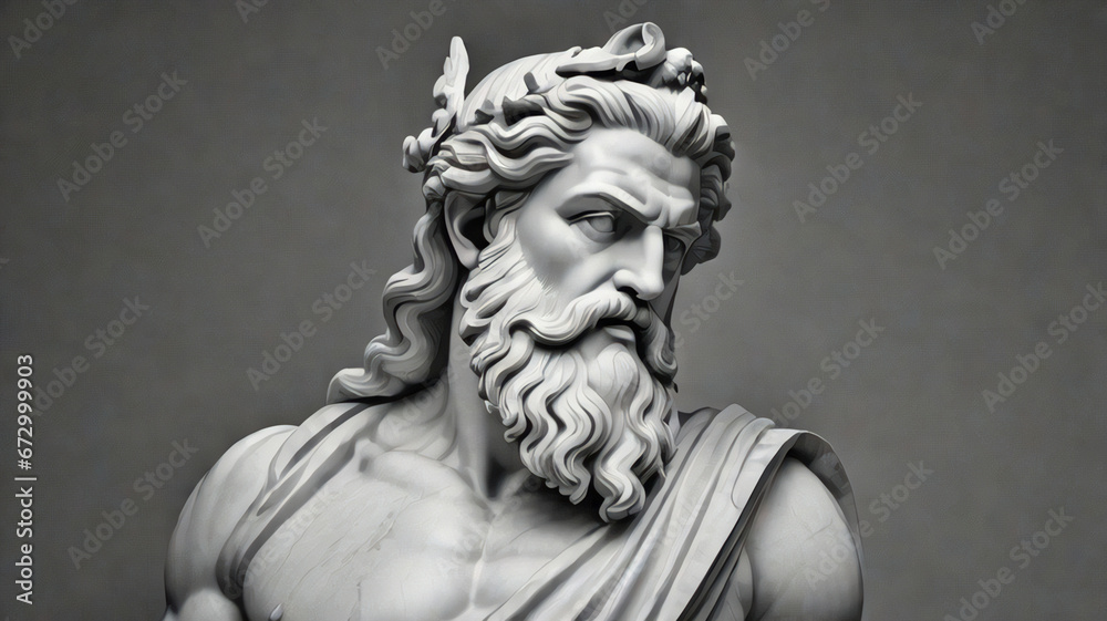Handsome marble statue of powerful greek god Zeus over dark background ...