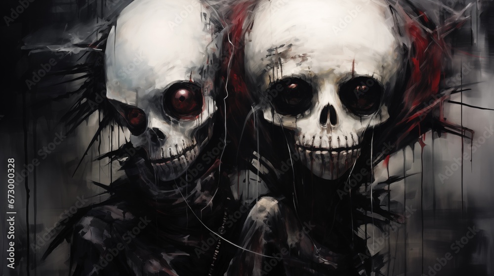 Dark art creepy skeleton doll in black shadows with diabolical red eyes ...