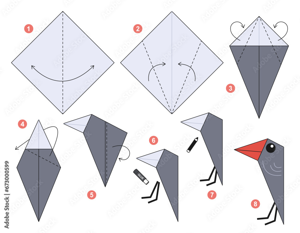 Woodpecker origami scheme tutorial moving model. Origami for kids. Step by step how to make a ...