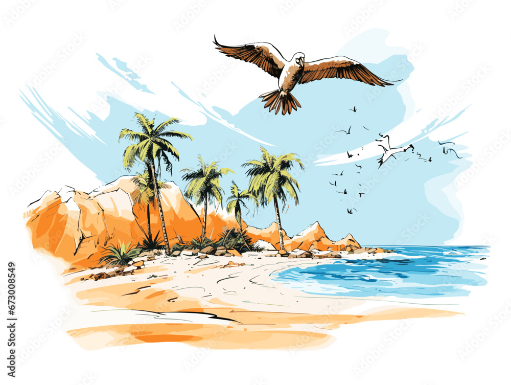 Drawing of Aruba eagle beach caribbean tropical island illustration ...