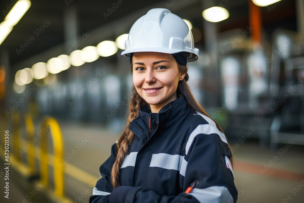 A portrait of smiling caucasian female engineer at an oil refinery ...