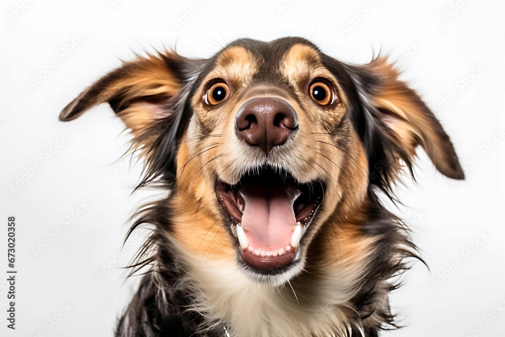 Dog looking directly at the camera with its mouth open in an inviting ...