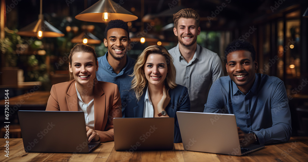 A diverse team of professionals in a modern office, expressing their ...