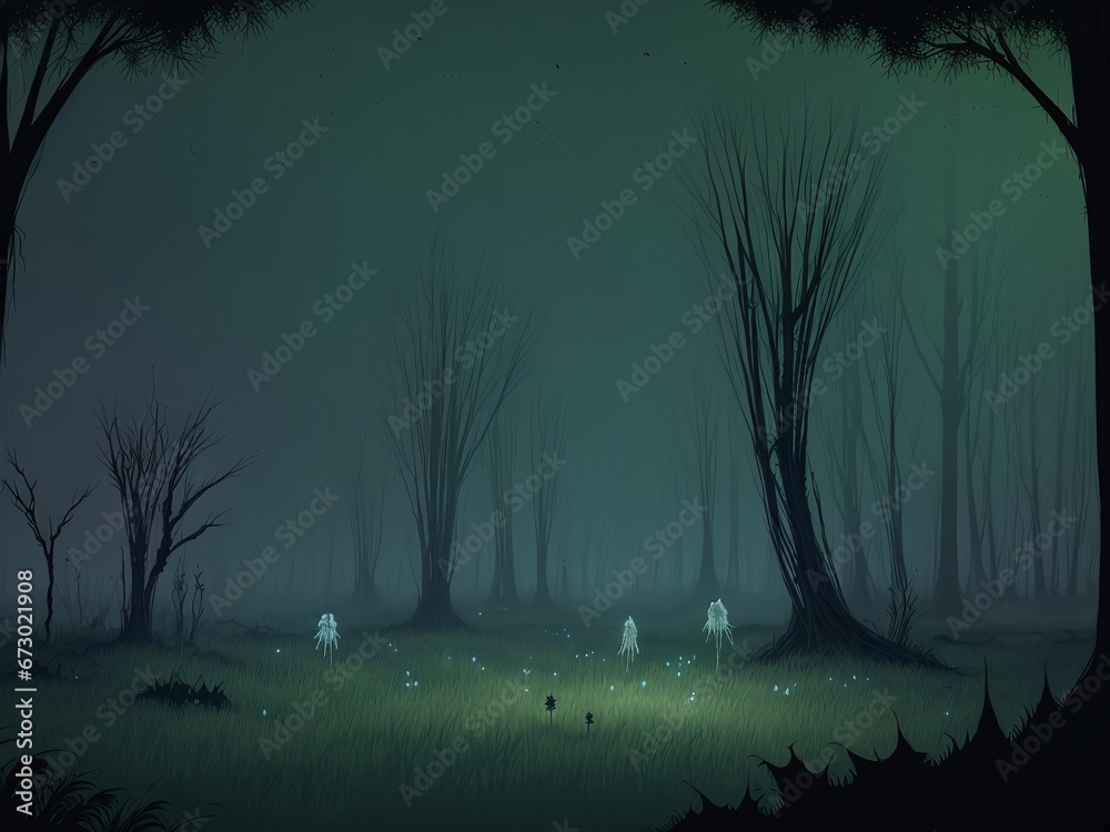 A haunted forest with ghostly flowers, dead grass, skeletal bugs, eerie ...