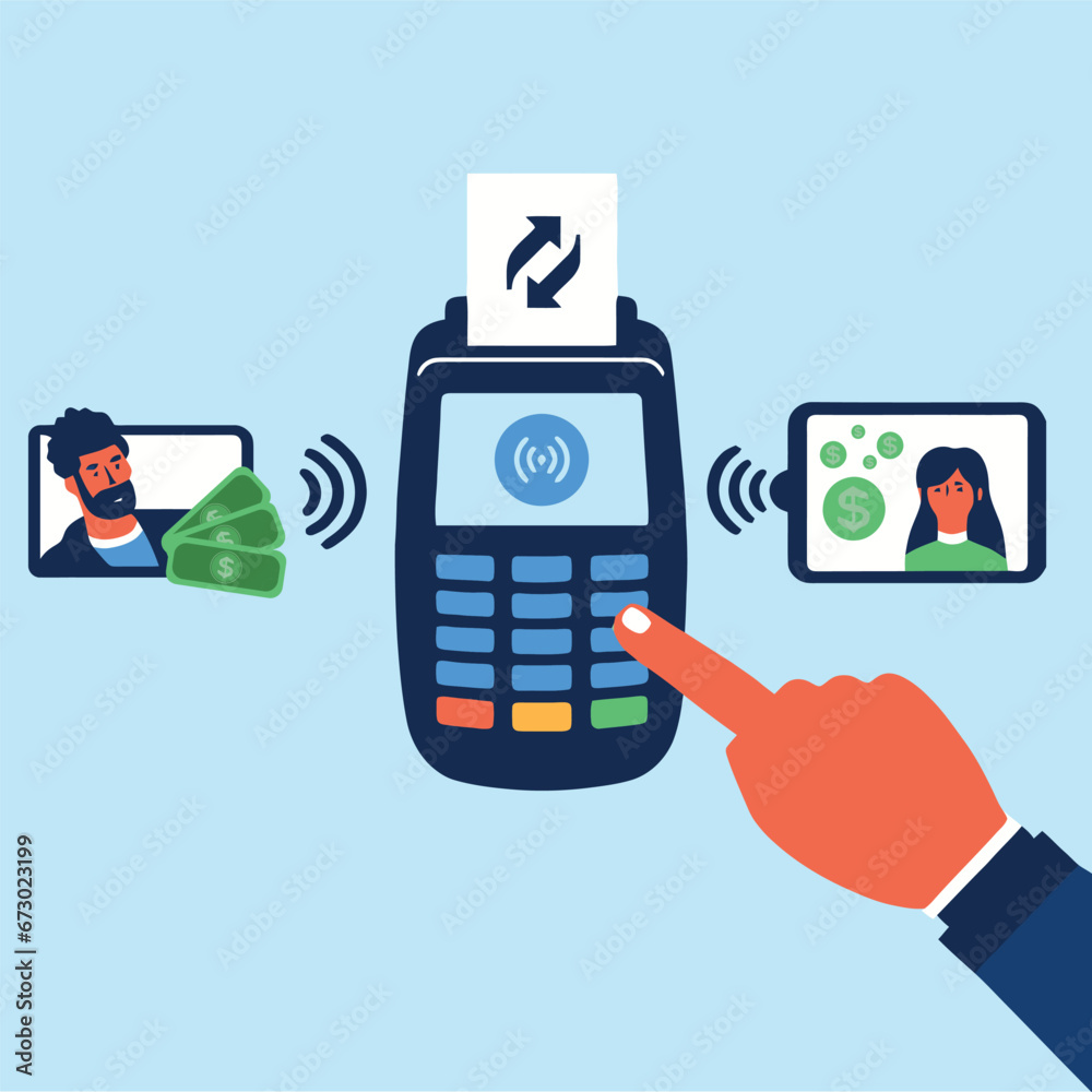 hand operating a data phone making a transfer made by a man to his ...