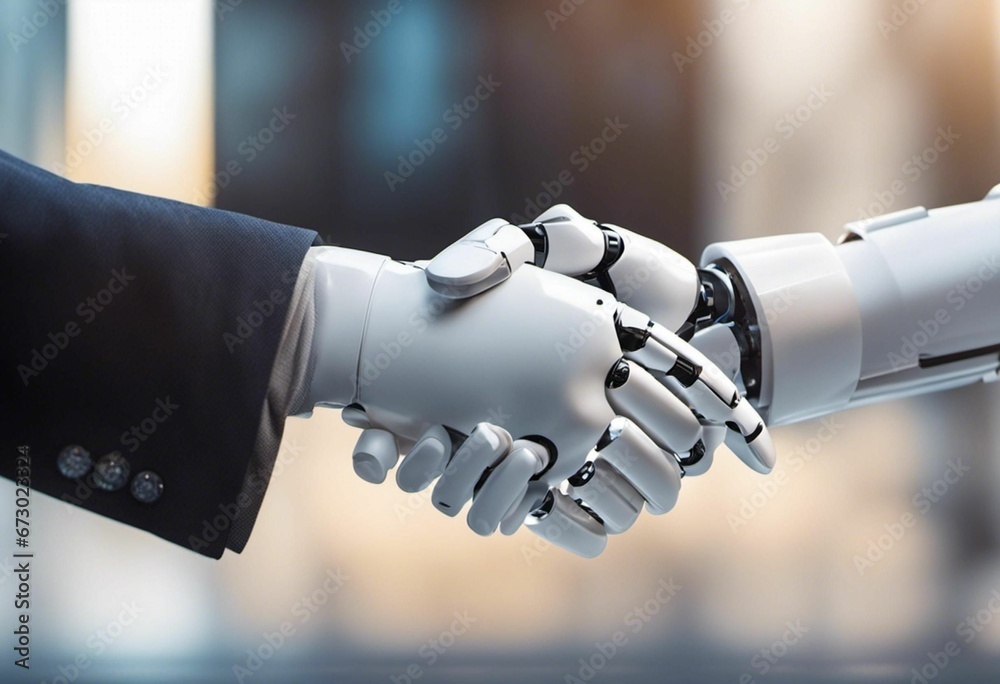 AI generated illustration of two humanoid robots standing in front of a ...