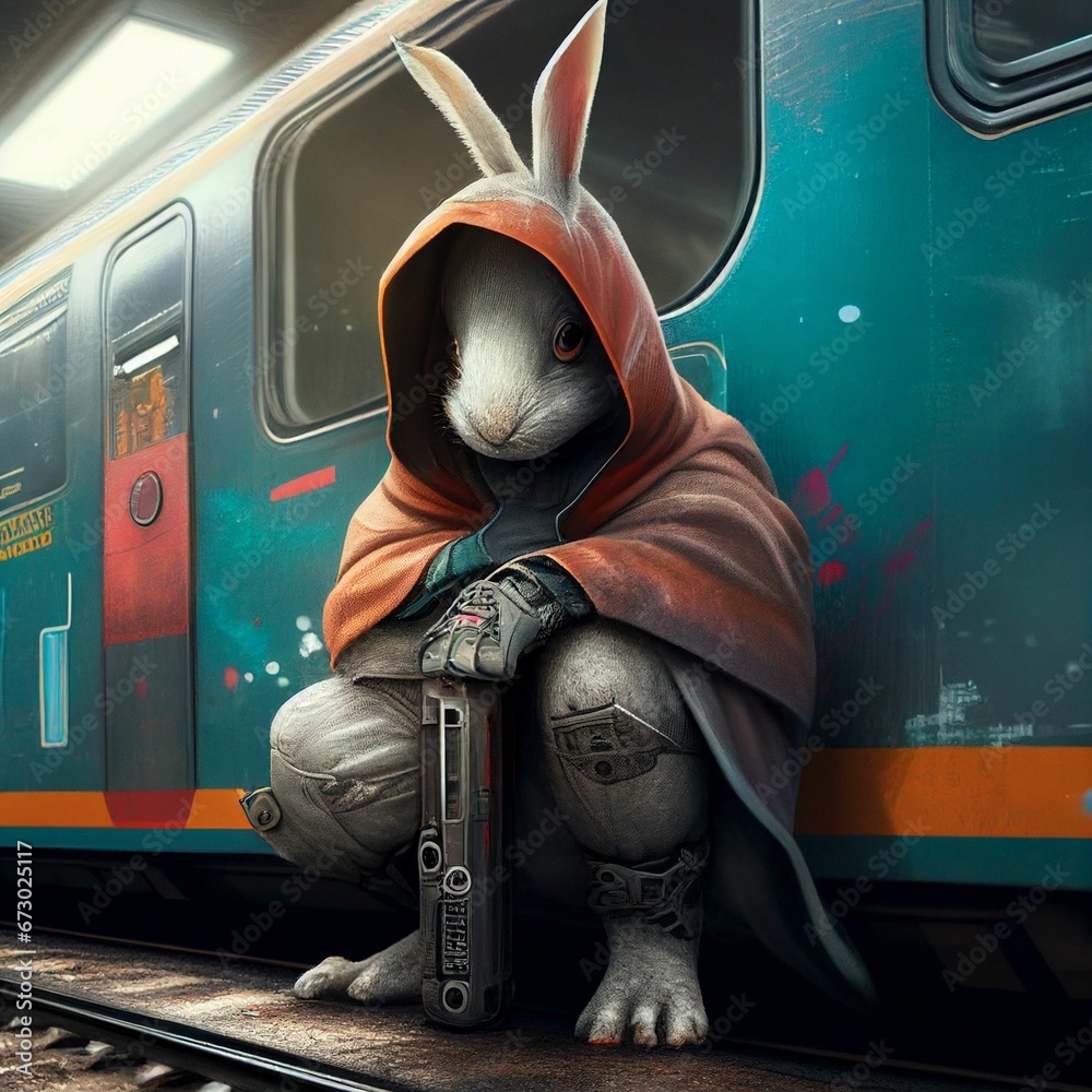 AI generated illustration of a white rabbit on a subway platform ...