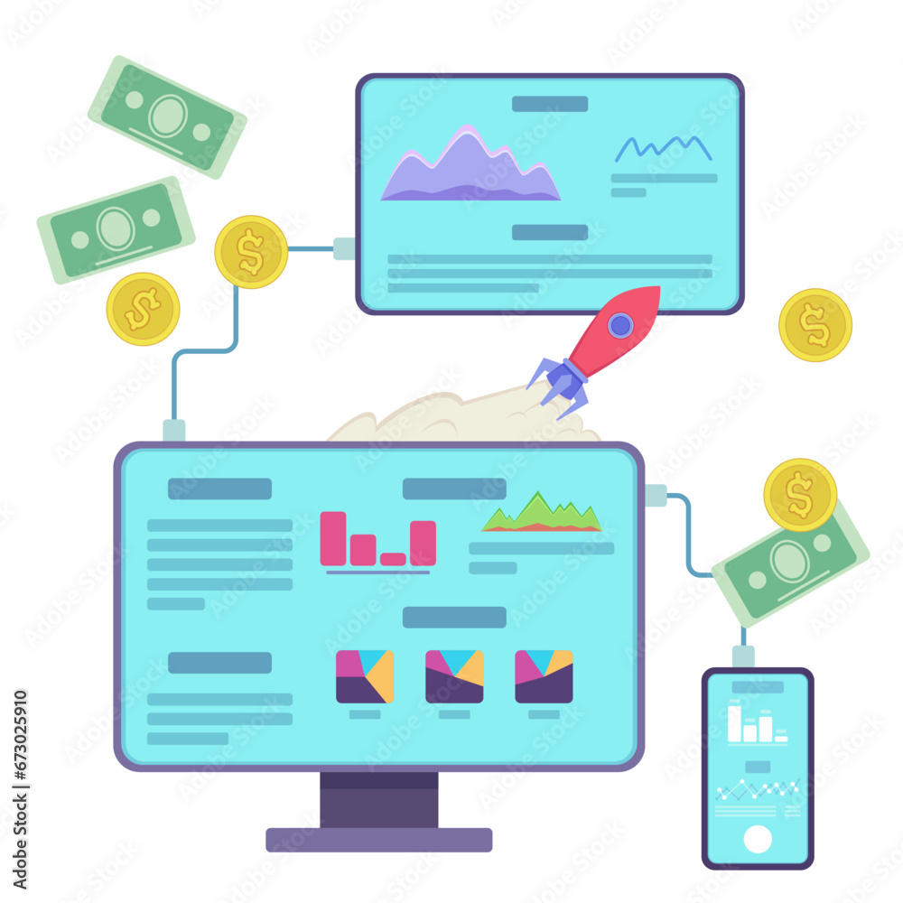 Modern devices for business vector illustration. Rocket as startup ...