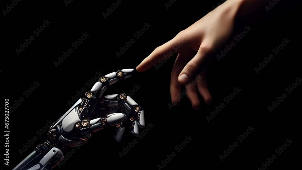 A robot hand and a human hand touching in friendly gesture on a black ...