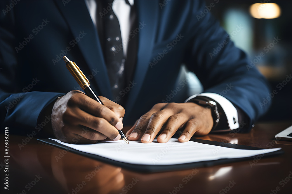 A man in a suit in a business office, signing a document with his pen ...