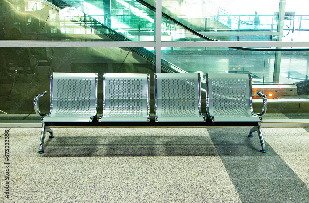 Stainless steel chairs for passengers waiting for their bus at train ...