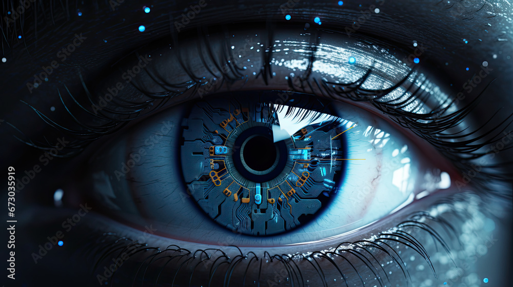 Futuristic robot eye technology, blue digital iris,eye of the person ...