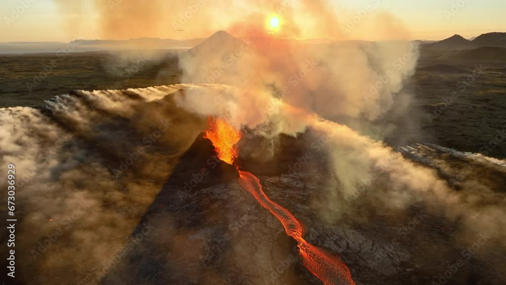Volcano eruption in 2023, Red burning lava erupts from the ground in ...
