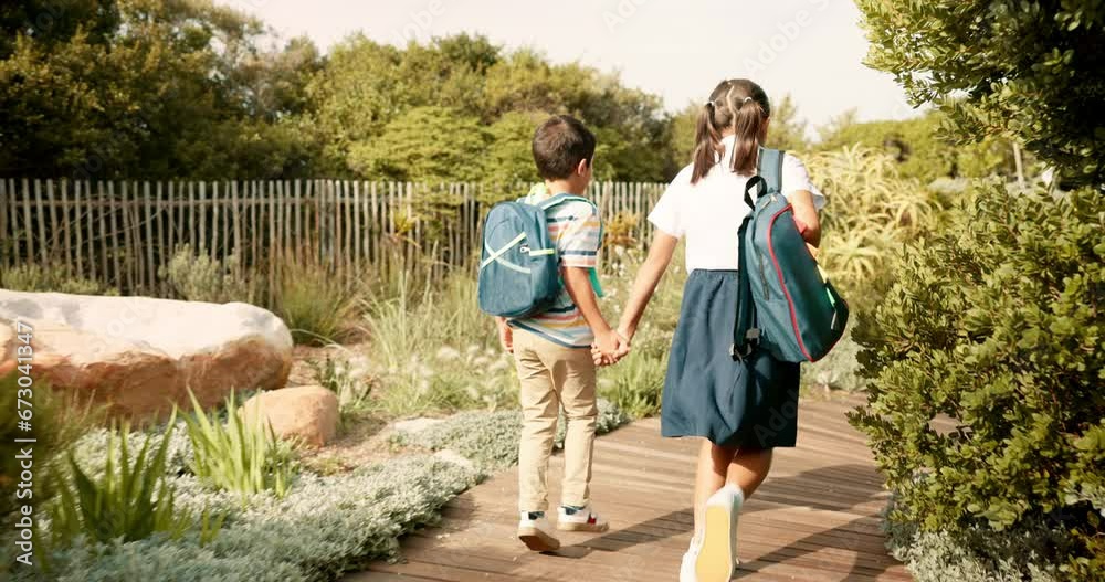 School, morning and back of children walking for commute, transport and ...