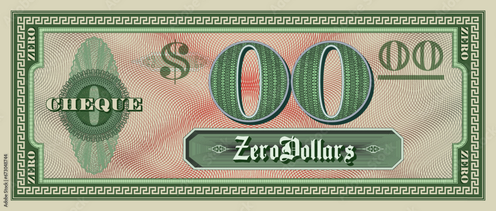 Vector sample green paper check of 0 dollars. Bill with a frame and ...