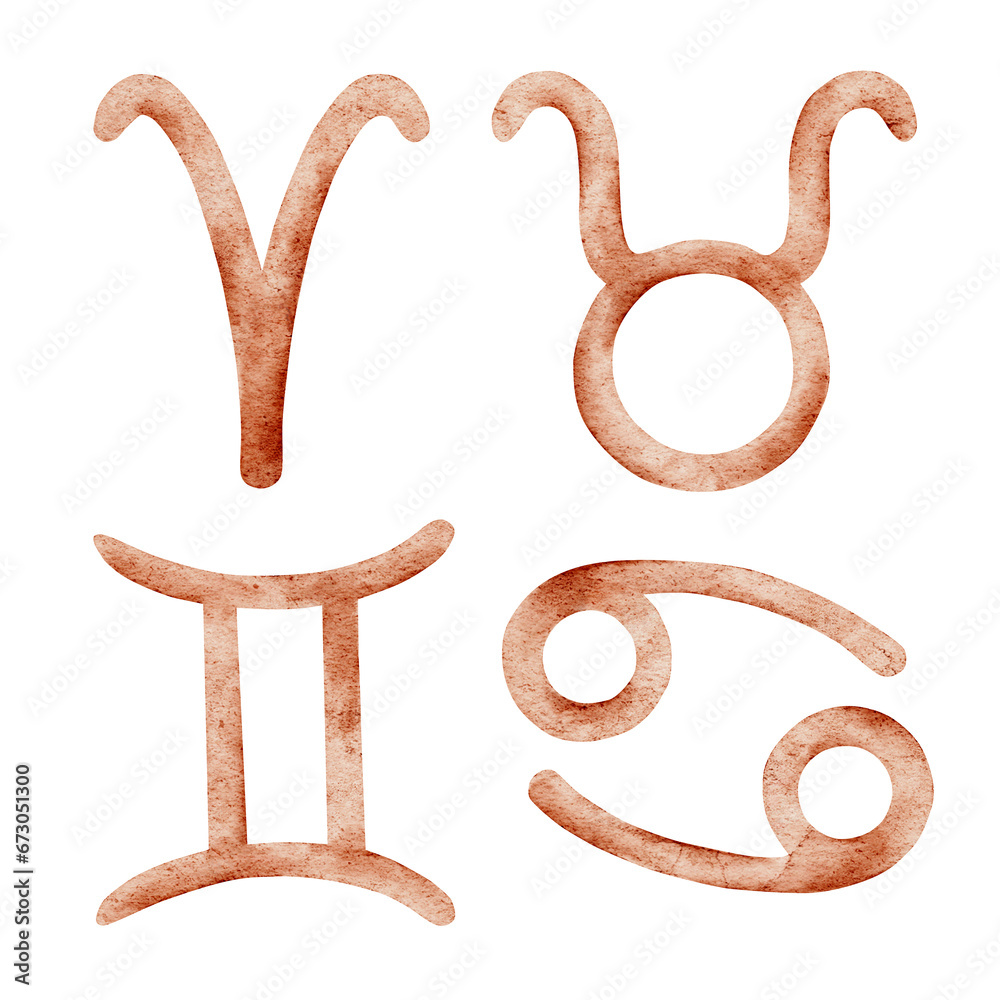 Watercolor zodiac signs: Aries, Taurus, Gemini, Cancer. Set of ...