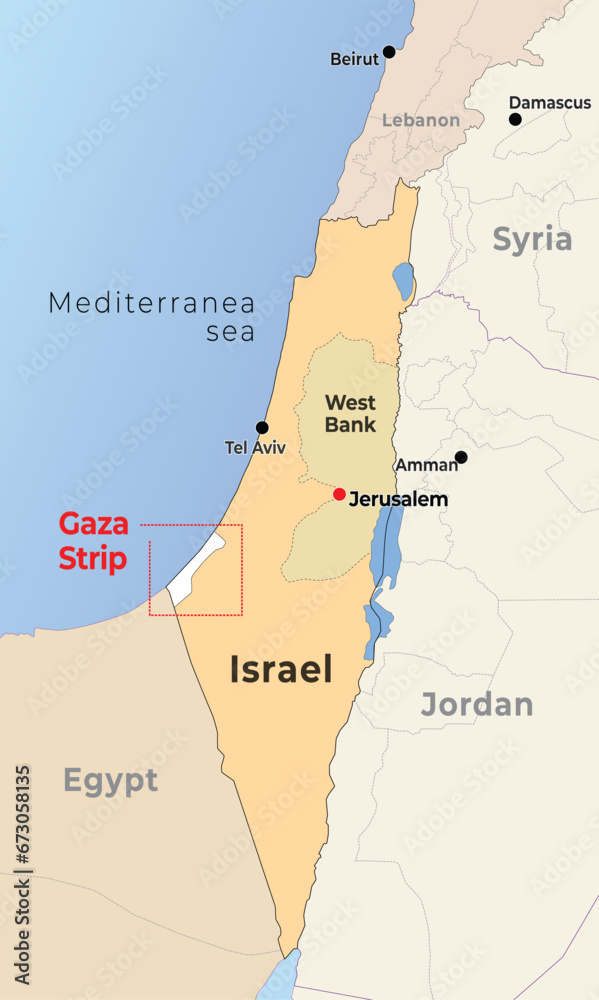 Israel map with its capital Jerusalem, Highlighted Gaza strip, with ...