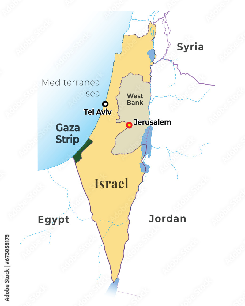 Israel map with its capital Jerusalem, Highlighted Gaza strip, with ...