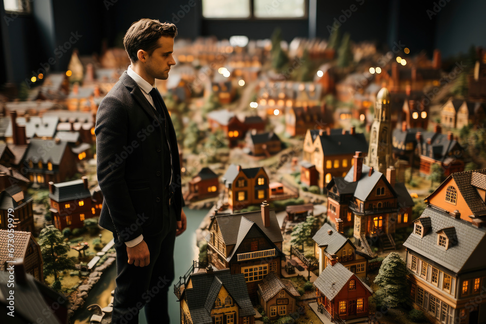 Foto de Man contemplates a detailed miniature town, reflecting the art ...