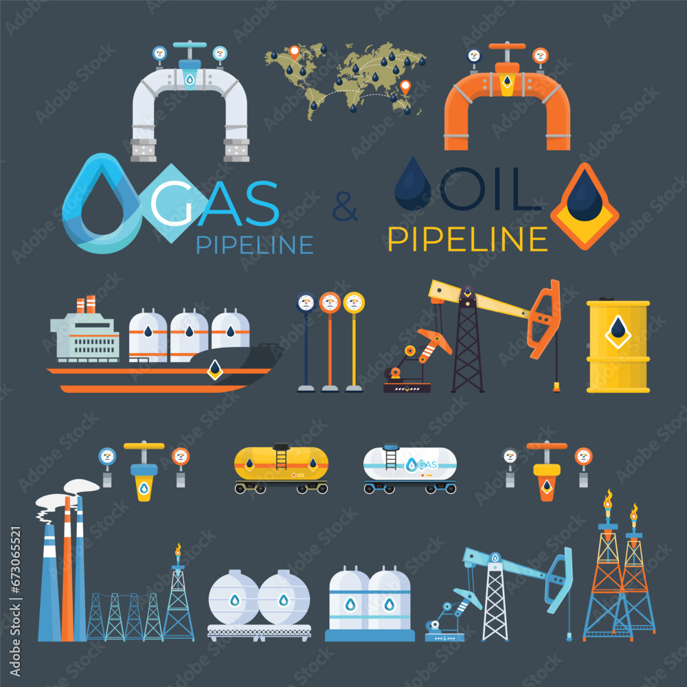 A set of gas and oil pipeline icons adorns a black background. The ...