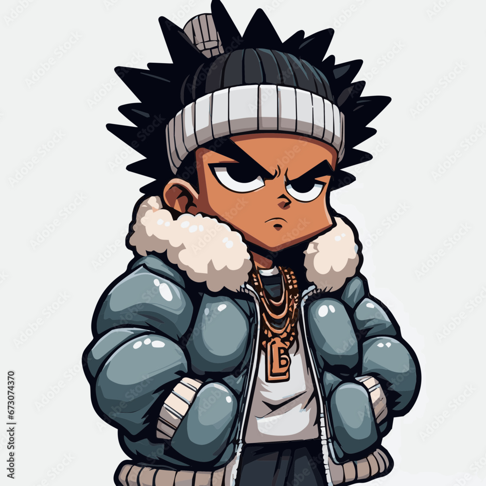boondocks style cartoon gangster rapper with urban style bubble coat ...