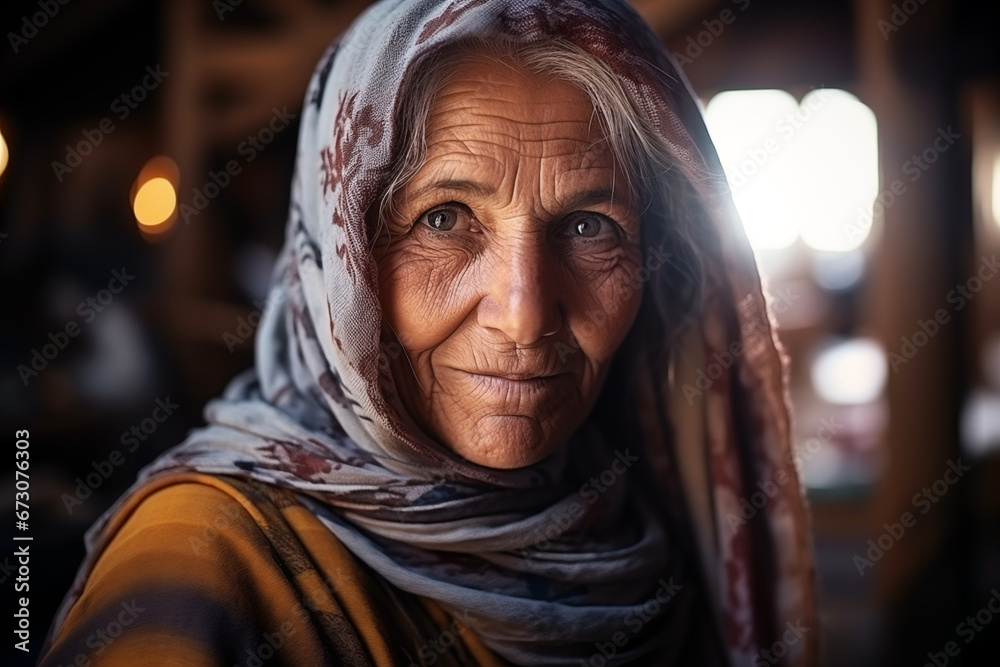 Smiling Arab elderly woman. Veiled Muslim woman. Old person. AI. Stock ...