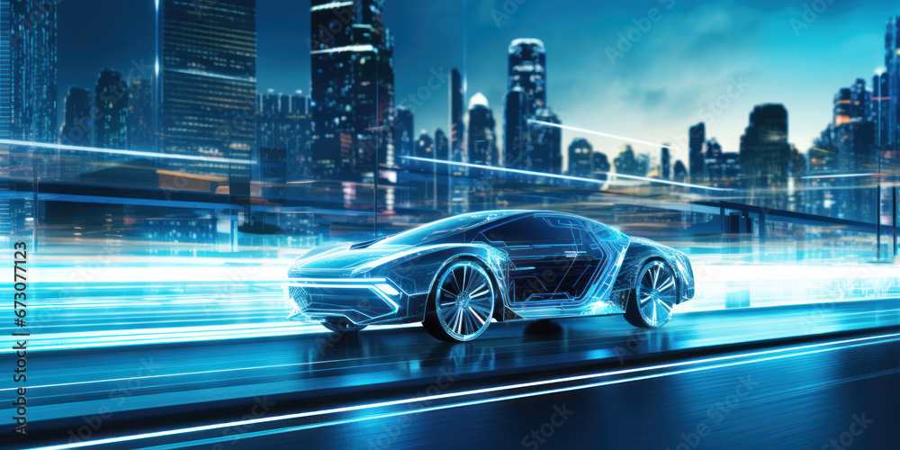 Electric vehicle driving with automated self-driving in futuristic at ...