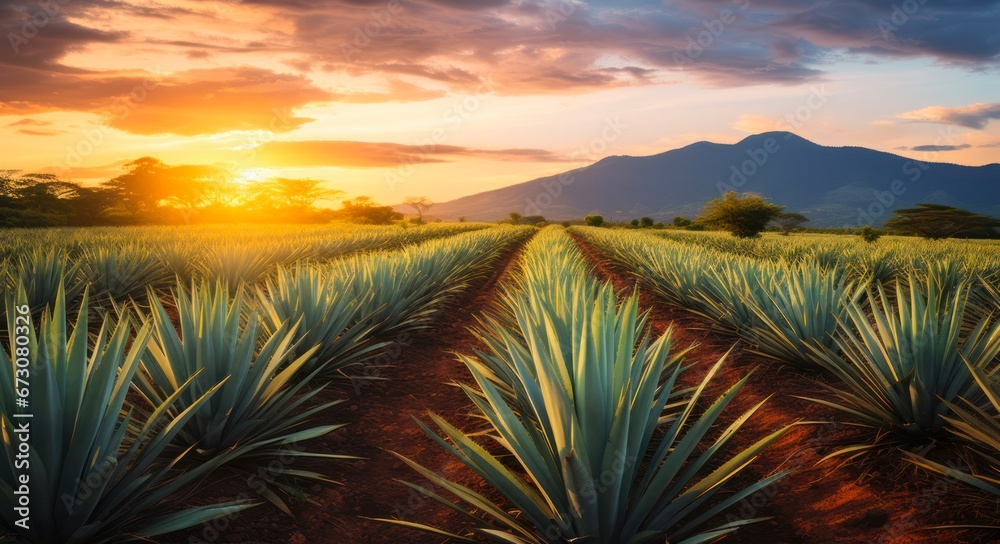 Stunning Agave Tequilana Sunset Landscape at Plantation with Blue Skies ...