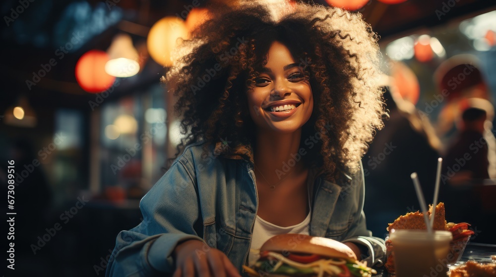 Woman enjoys taste of cheeseburger with eyes gleaming with satisfaction ...
