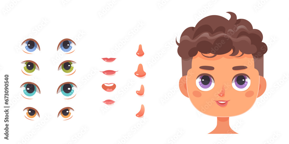 Boy face constructor vector illustration. Cartoon isolated portrait of ...