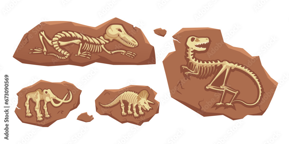 Dinosaur fossil vector illustration set. Cartoon isolated jurassic dino ...