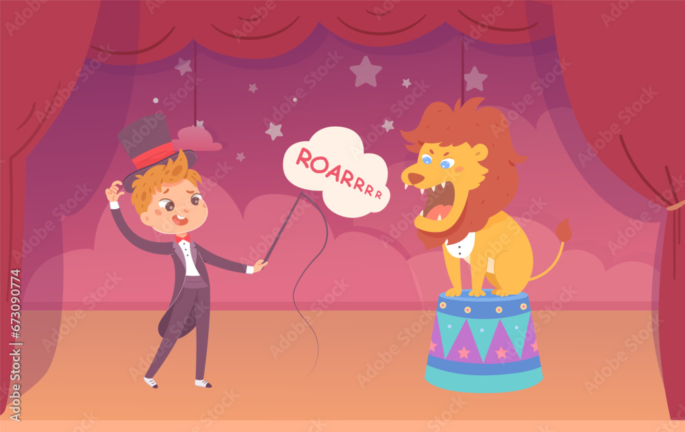 Circus performance with lion and trainer vector illustration. Cartoon ...